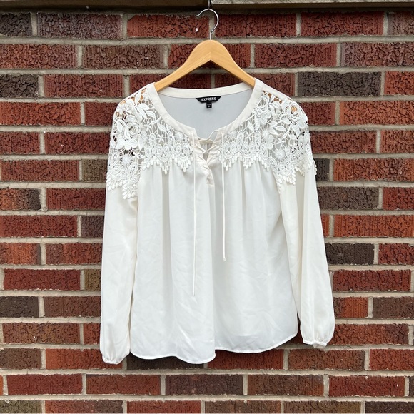 Express | Tops | Express Cream White Crochet Floral Lace Lace Up Sheer ...